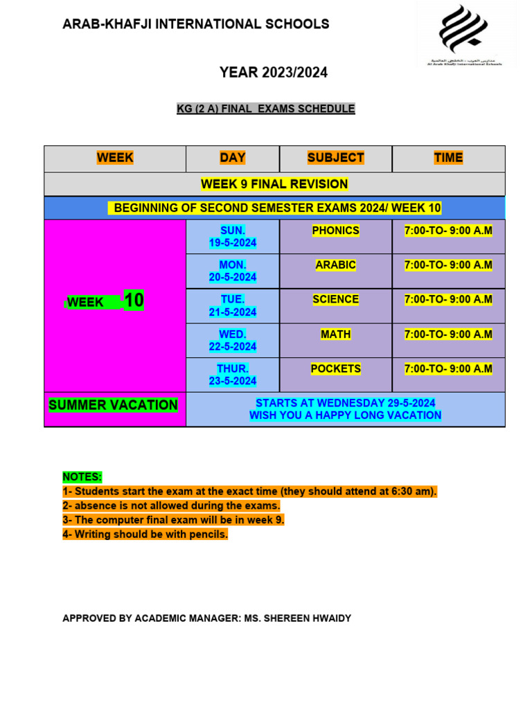 KG 2 (A) Exams Schedule | PDF
