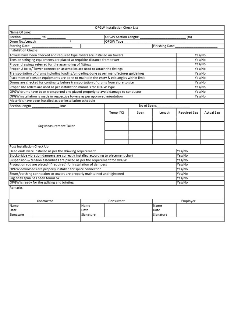Check List for Stringing OPGW | PDF
