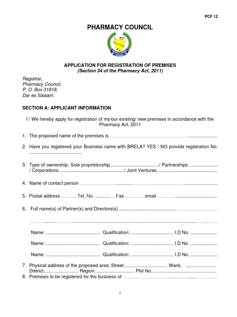 Application for Registration of Premises_pcf.12 | PDF | Pharmacist ...