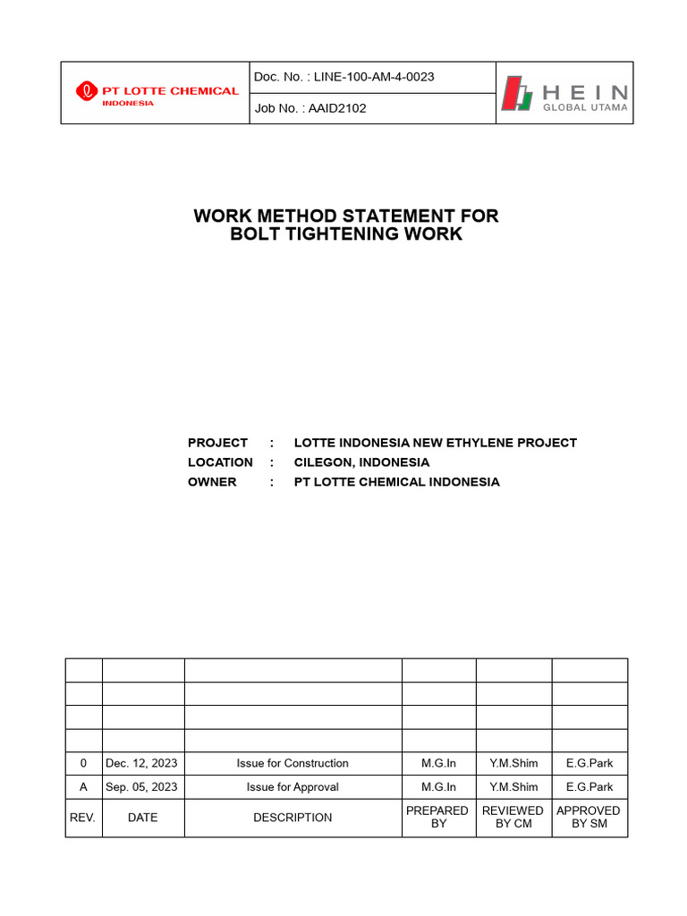 Work Method Statement For Bolt Tightening Work - 0 | PDF | Screw | Pipe (Fluid Conveyance)