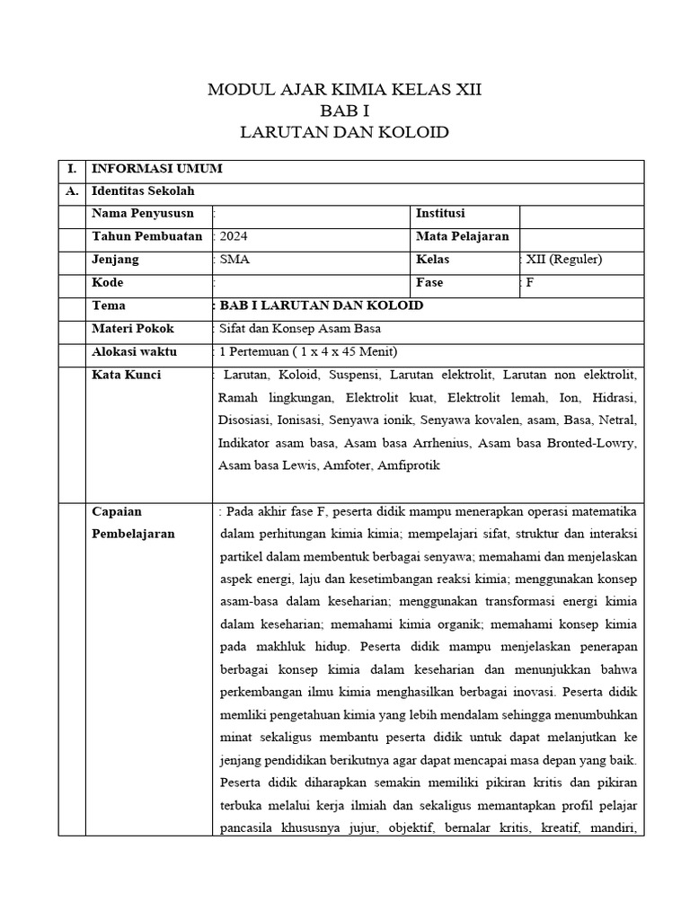 Modul Ajar Larutan Dan Koloid | PDF | Sains & Matematika