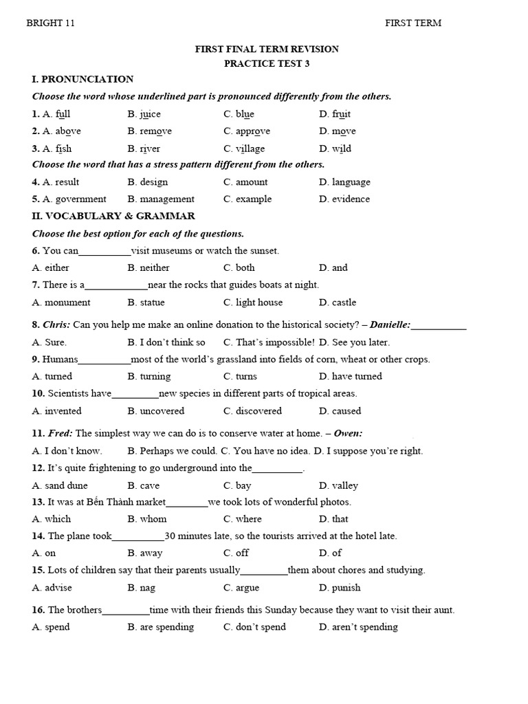 Bright 11 First Term Revision Test | PDF | Adolescence