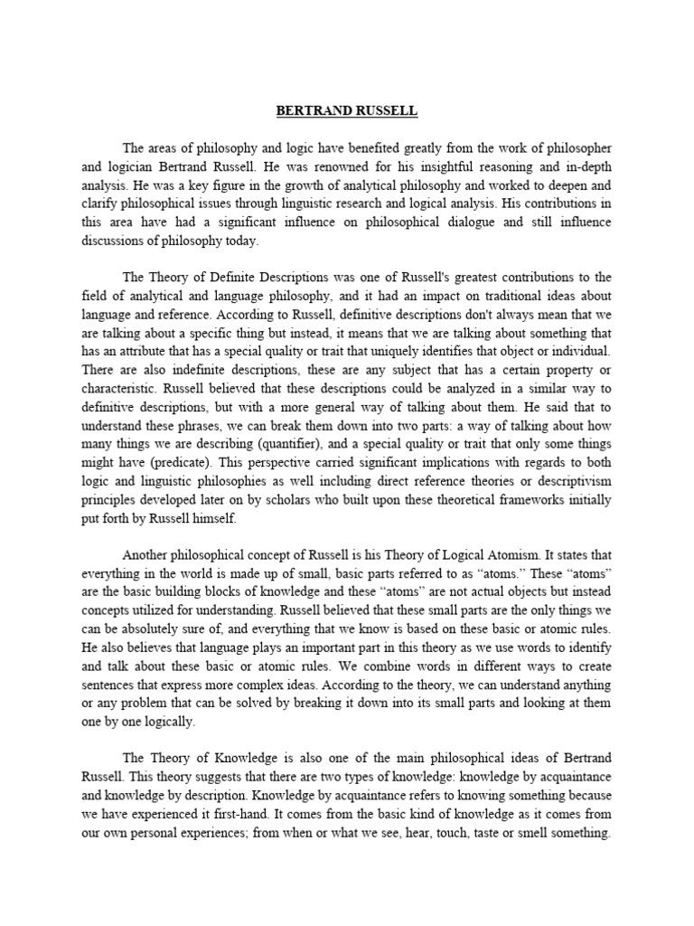 Bertrand Russell: Key Philosophical Theories | PDF | Knowledge | Logic