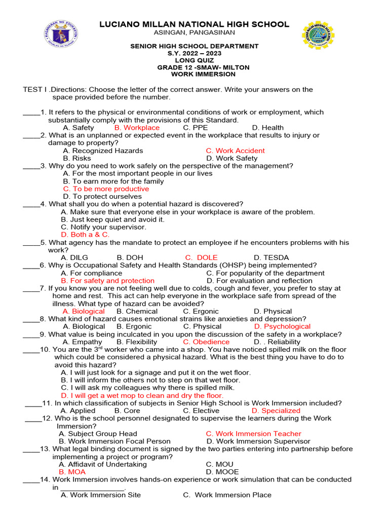 Grade 12 Work Immersion Quiz | PDF | Occupational Safety And Health ...