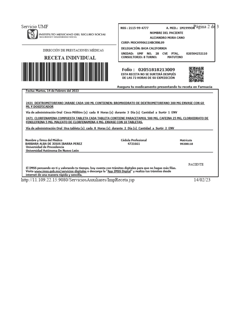 Receta Individual: Servicio UMF Página 2 de 3 | PDF | Tratamientos ...