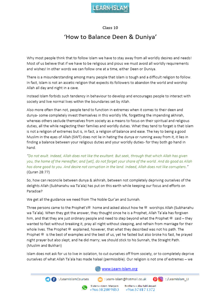 Class 10 How To Balance Deen Duniya | PDF | God In Islam | Quran