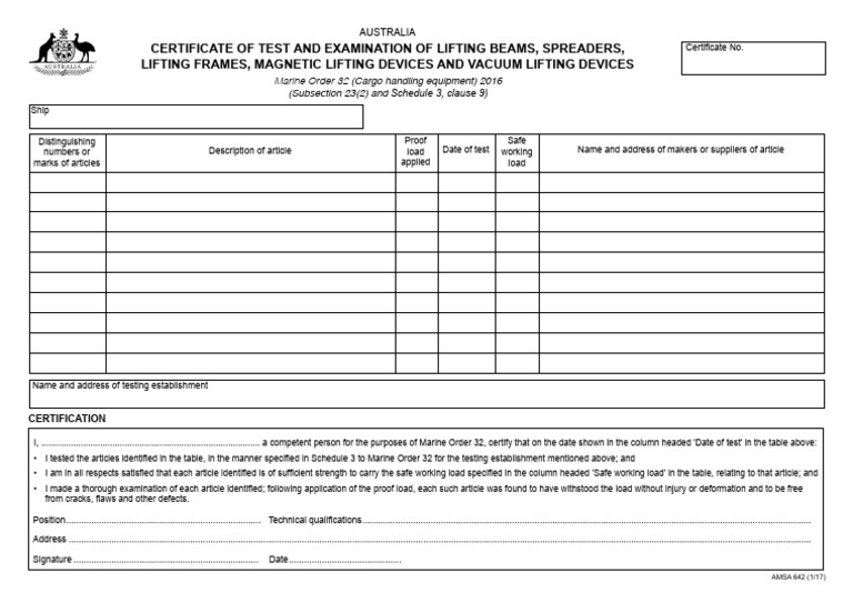 Amsa642 Certificate of Test and Examination of Lifting Devices | PDF