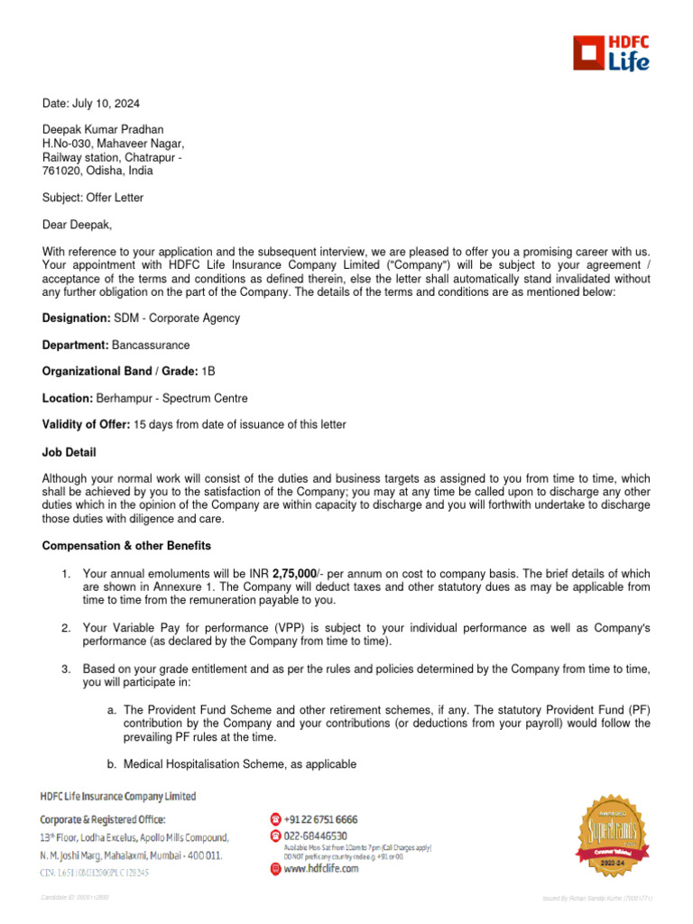 Deepak Kumar Pradhan - Offer Letter | PDF | Employment | Background Check