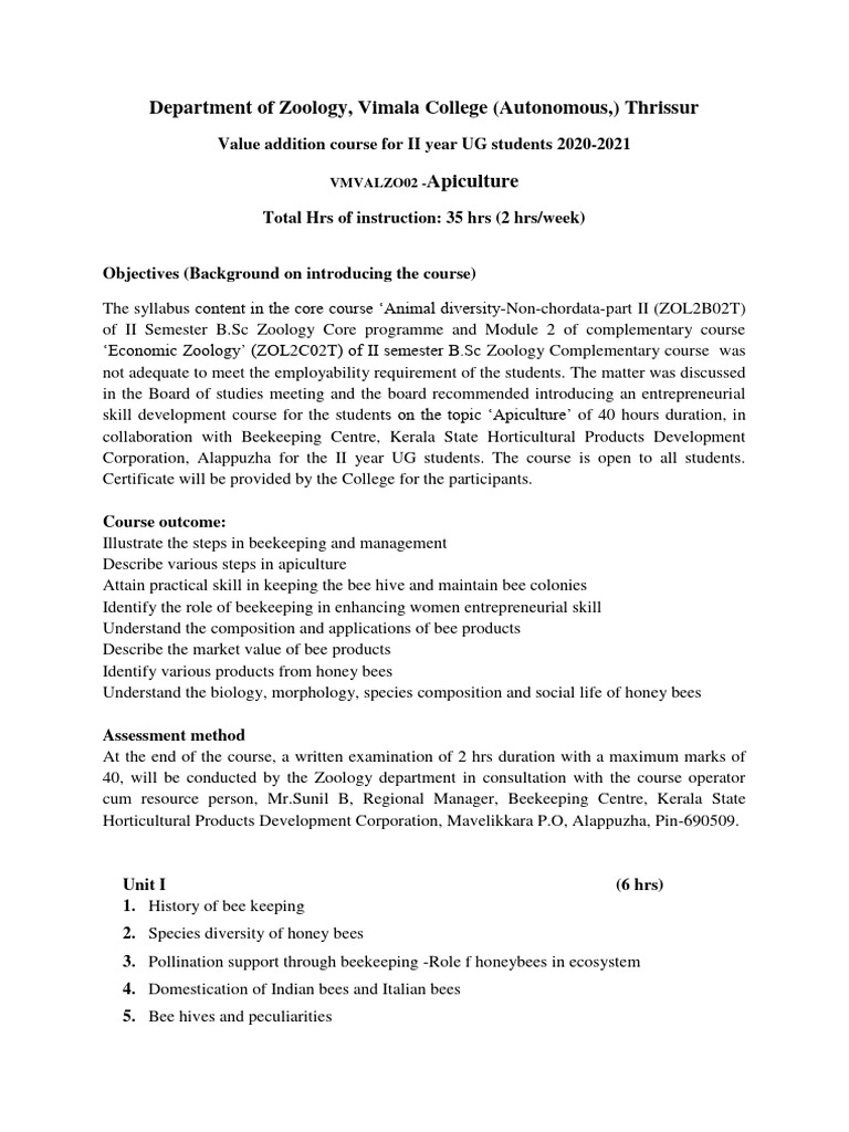 Apiculture Course Syllabus 2020 Final | PDF | Beekeeping | Bees