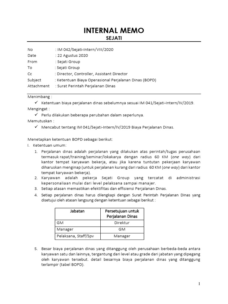 INTERNAL MEMO PERDIN 042 BOPD Biaya Operasional Perjalanan Dinas | PDF