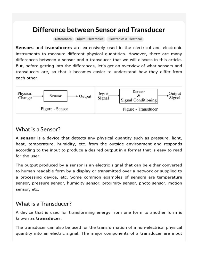 Difference Between Sensor and Transducer | PDF | Sensor | Instrumentation