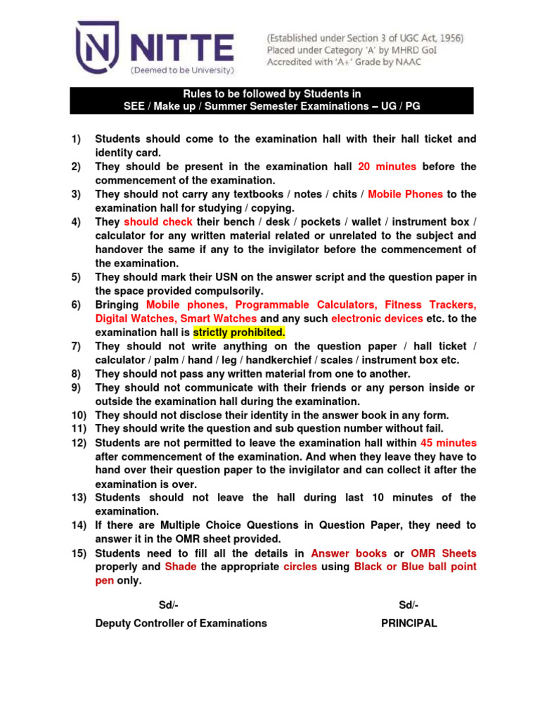 Students - NDU - Rules To Be Followed in Exam | PDF