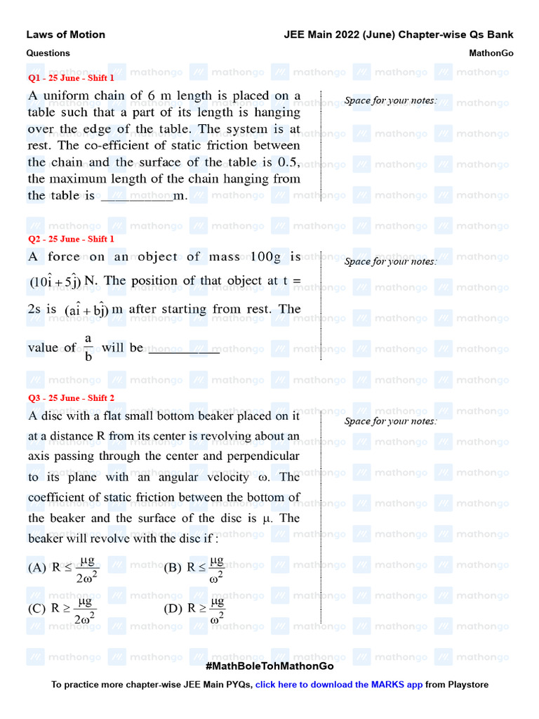 Laws of Motion - JEE Main 2022 Chapter Wise Questions by MathonGo | PDF