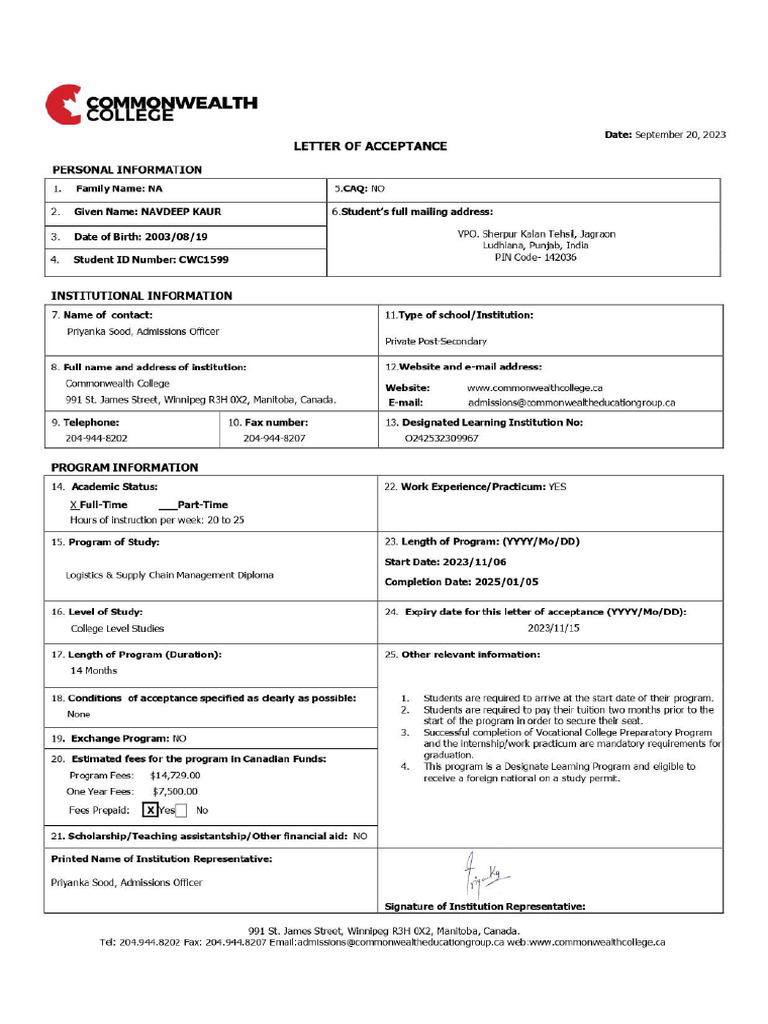 Letter of Acceptance | PDF