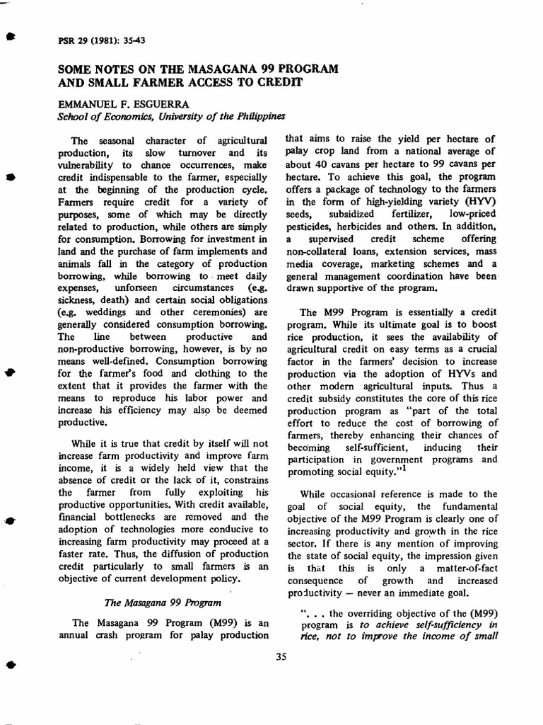 W3D1B OPTIONAL READING 1 - Notes On The Masagana 99 Program and Small ...