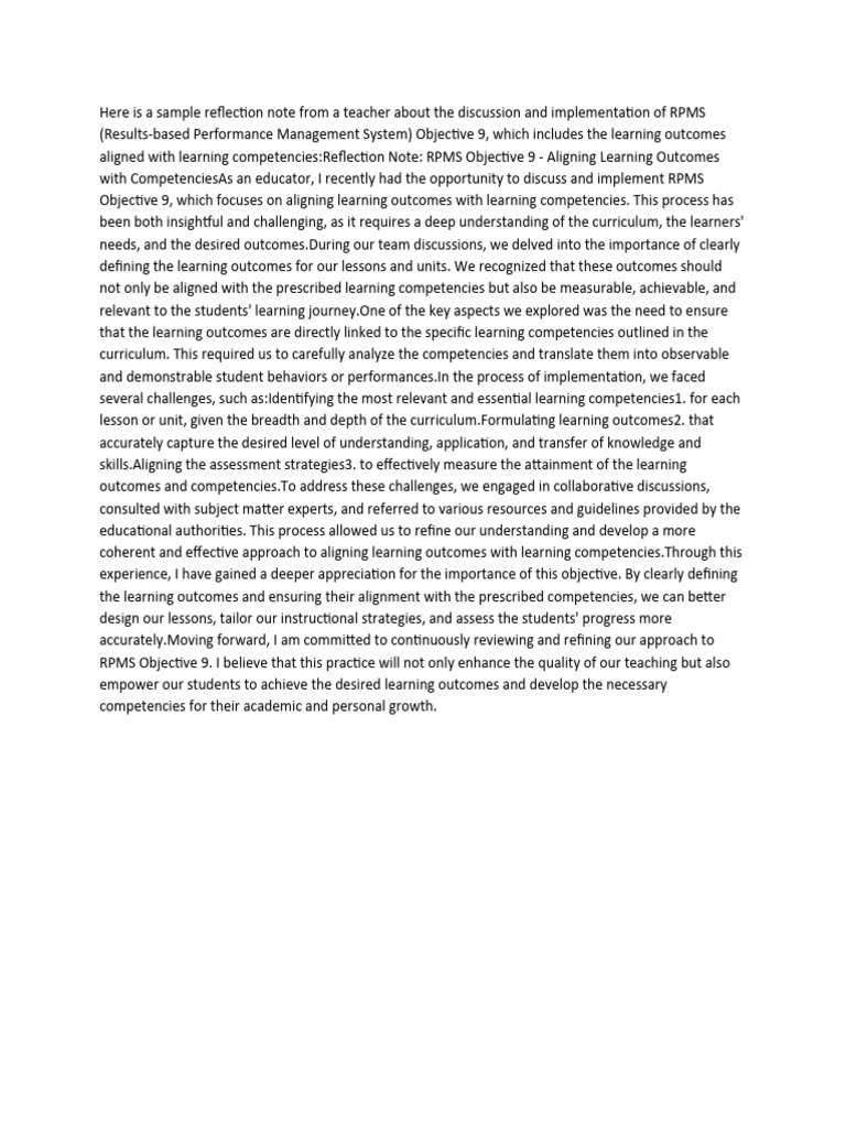 Reflection Notes | PDF | Learning | Curriculum