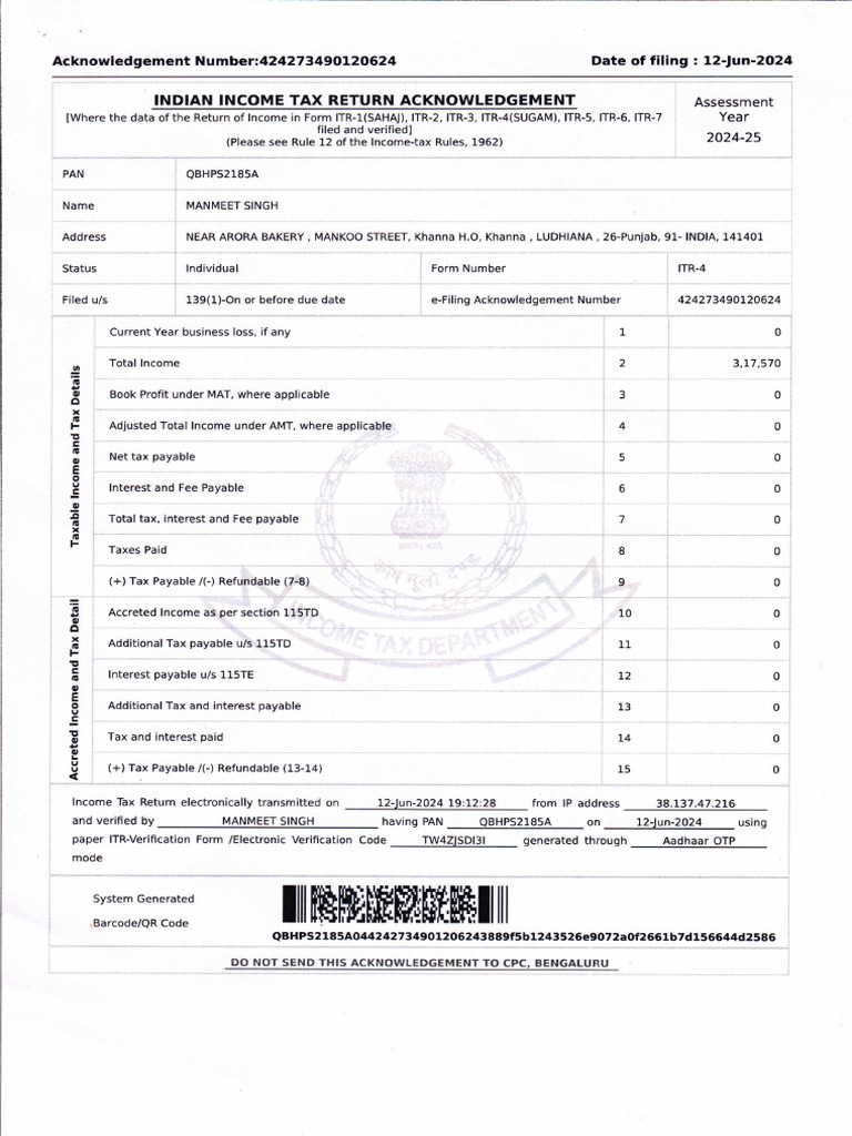 Manmeet Singh ITR | PDF