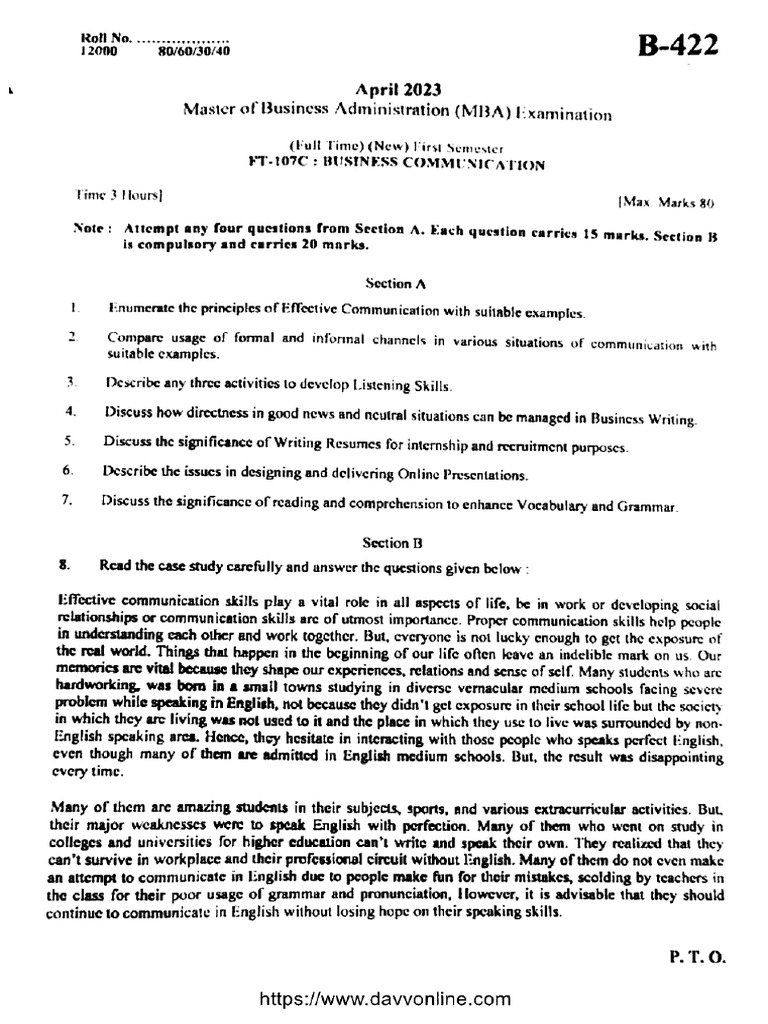 Mba 1 Sem Business Communication B 422 Apr 2023 | PDF