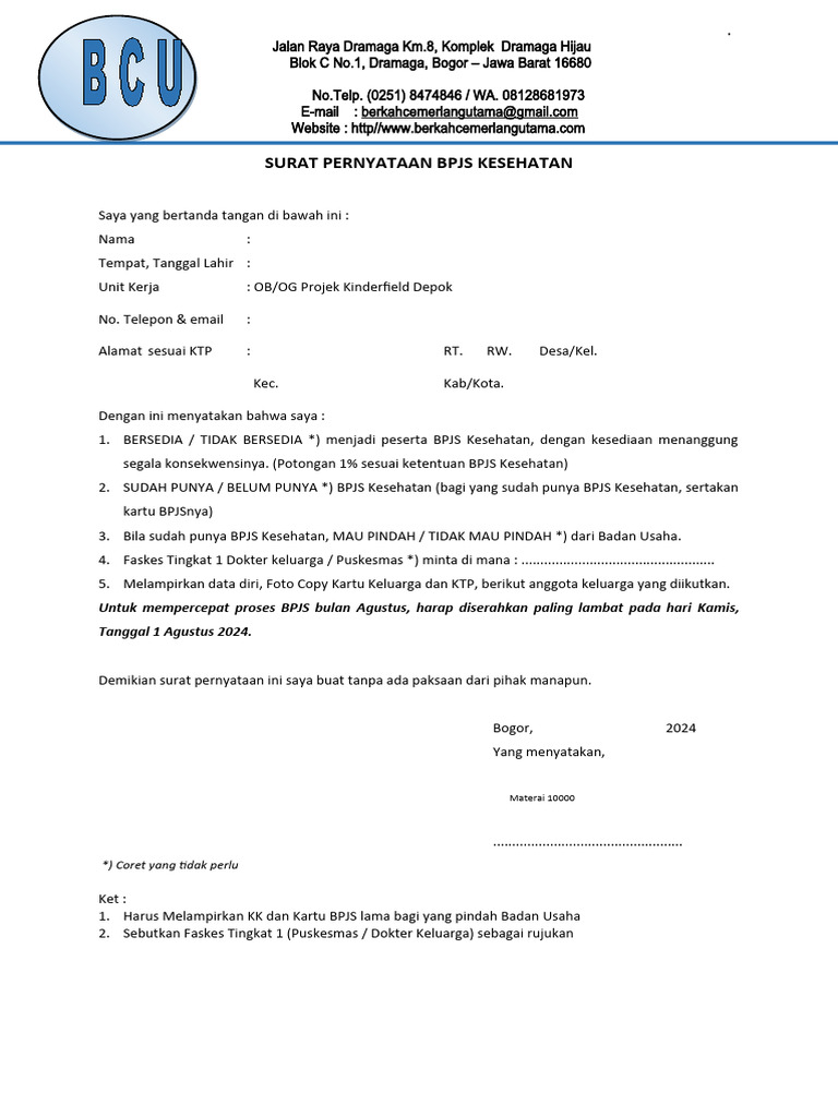 SURAT PERNYATAAN BPJS KESEHATAN | PDF