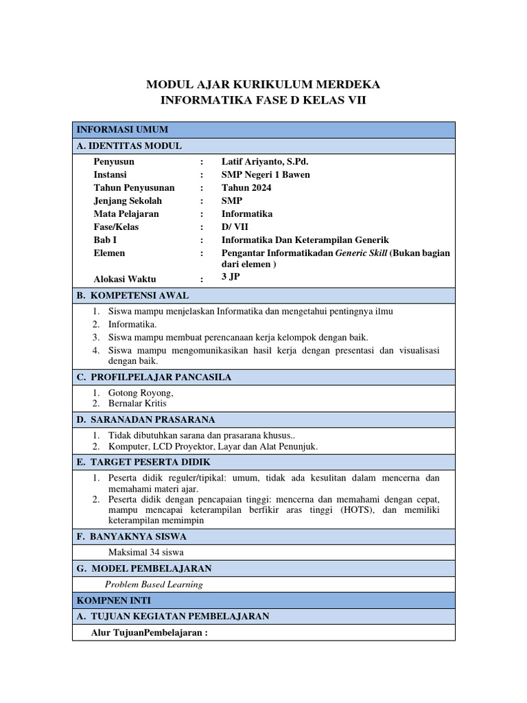 Modul Ajar TIK Kelas 7 Fase D Bab 1 Latif Ariyanto | PDF | Karier ...