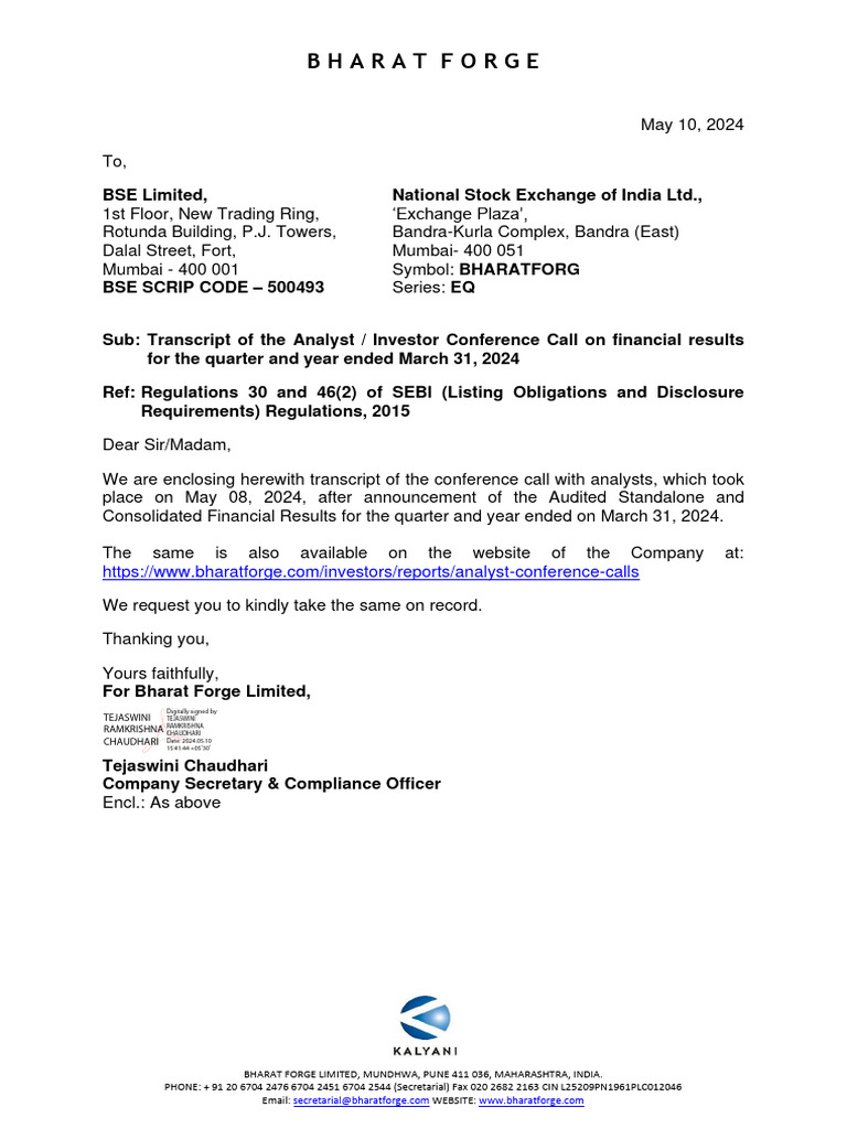 Bharat Forge Q4FY24 Concall Transcript May 2024 | PDF | Business