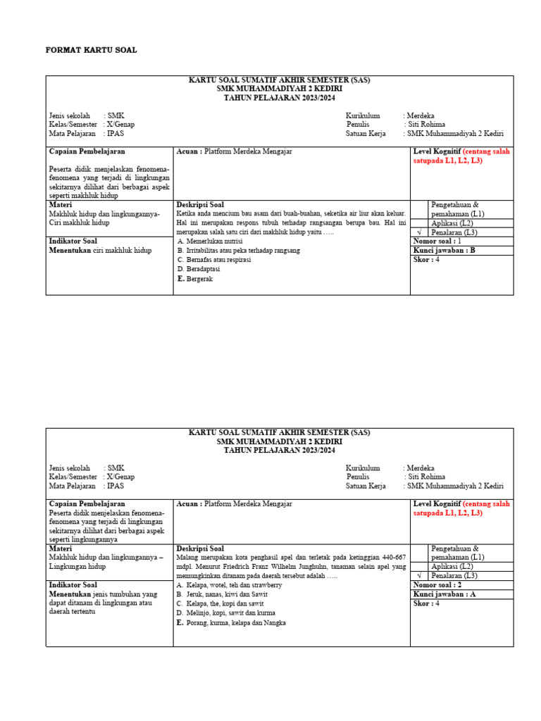 Kartu Soal Ipas Sas | PDF