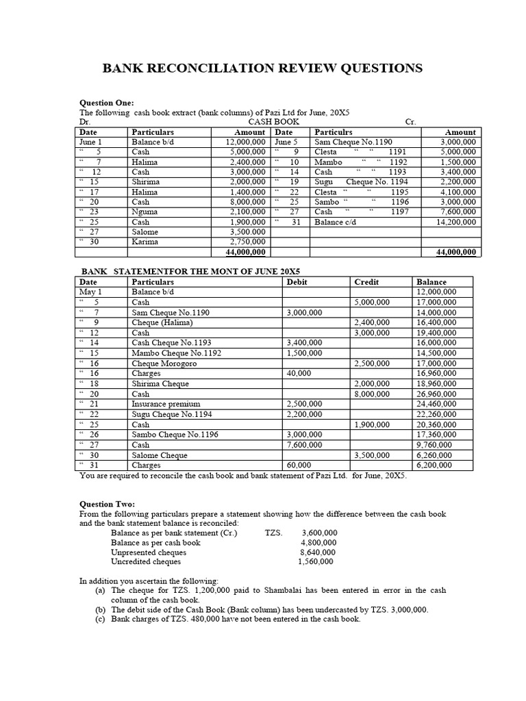 BANK RECONCILIATION REVIEW QUESTIONS | PDF | Banks | Cheque
