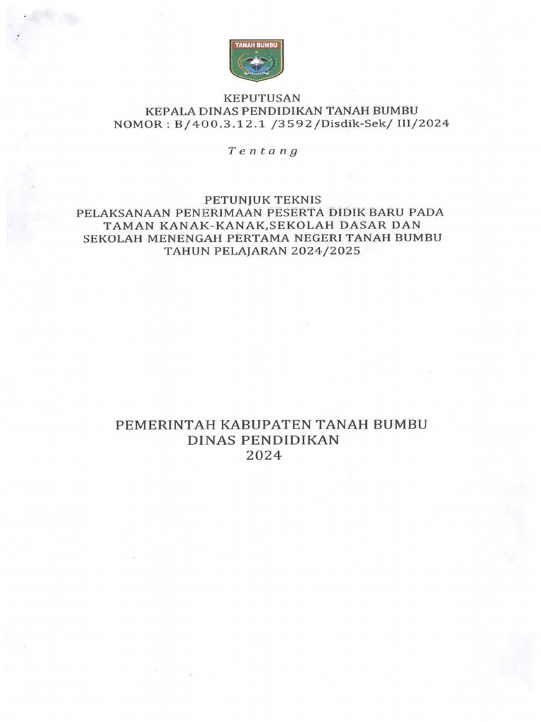 Petunjuk Teknis Pelaksaan Penerimaan Peserta Didik Baru Pada TK, SD Dan SMP Tahun 2024-2025 | PDF