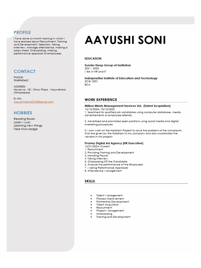 Aayushi Verma Updated Resume | PDF | Recruitment | Industrial And Organizational Psychology