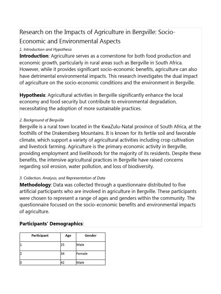Research On The Impacts of Agriculture in Bergville: Socio-Economic and ...