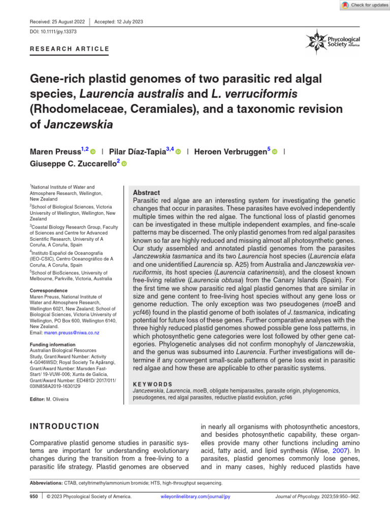Journal of Phycology - 2023 - Preuss - Gene‐Rich Plastid Genomes of Two ...