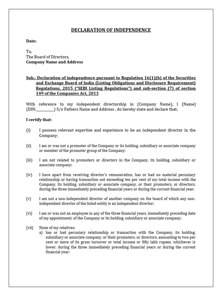 Independent Director Declaration Format | PDF | Audit | Subsidiary