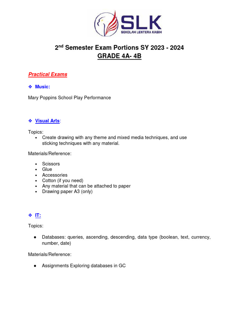 Grade 4A-4B - Exam Portions For 2nd Semester SY 2023 - 2024 | PDF ...