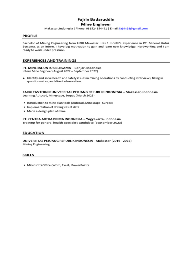 Fajrin Badaruddin Mine Engineer: Profile | PDF | Art