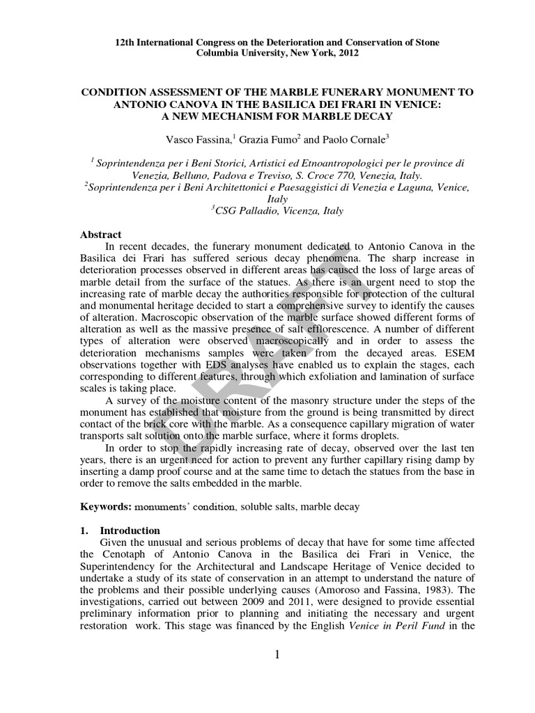 Condition Assessment of The Marble Funerary Monument To Antonio Canova ...
