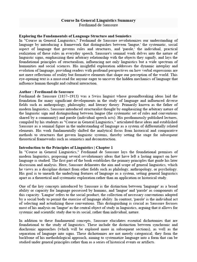 Course in General Linguistics Summary | PDF | Linguistics | Human ...