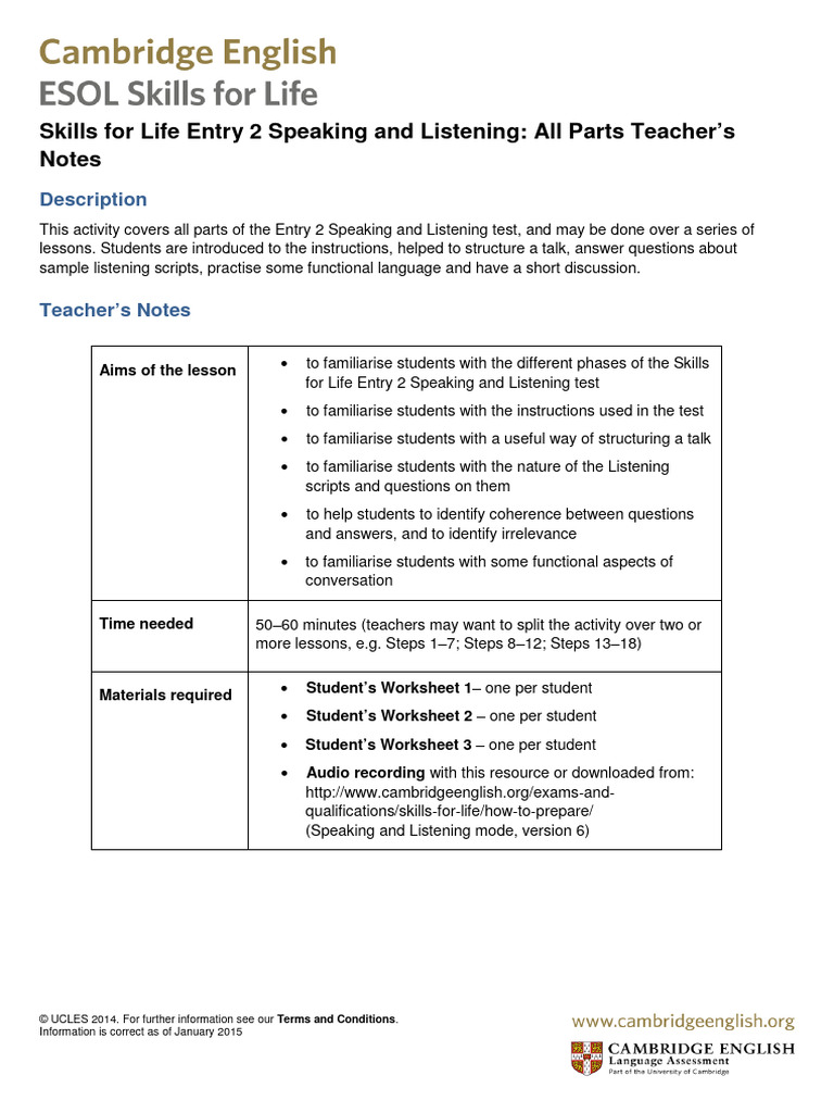 Skills For Life Entry 2 From 2015 Speaking and Listening All Parts ...