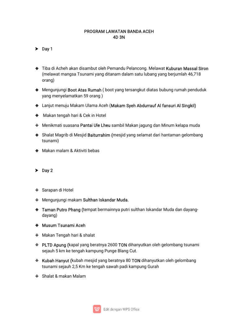 4D3N Banda Aceh Tour Itinerary | PDF