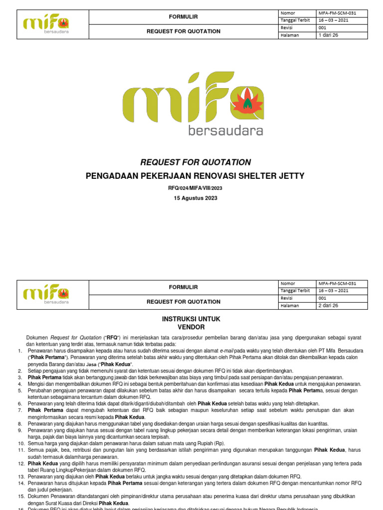 RFQ-024-MIFA-VIII-2023 - Pekerjaan Renovasi Shelter Jetty | PDF