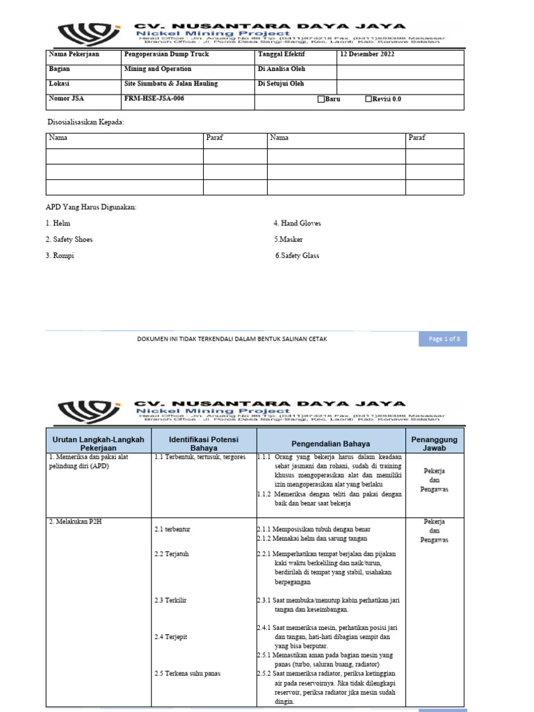 Prosedur Operasi Dump Truck P2H | PDF