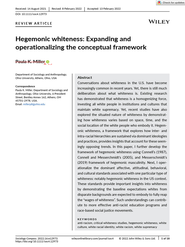 Sociology Compass - 2022 - Miller - Hegemonic Whiteness Expanding and ...