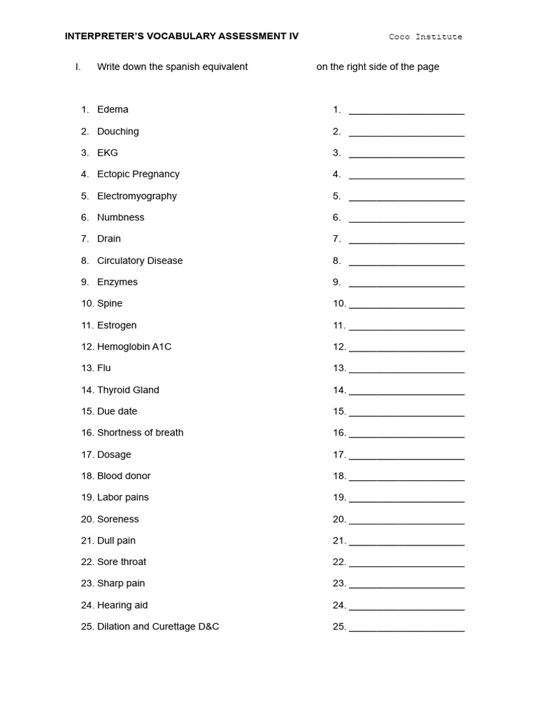 Interpreter Vocabulary Assessment IV | PDF | Vein | Skin