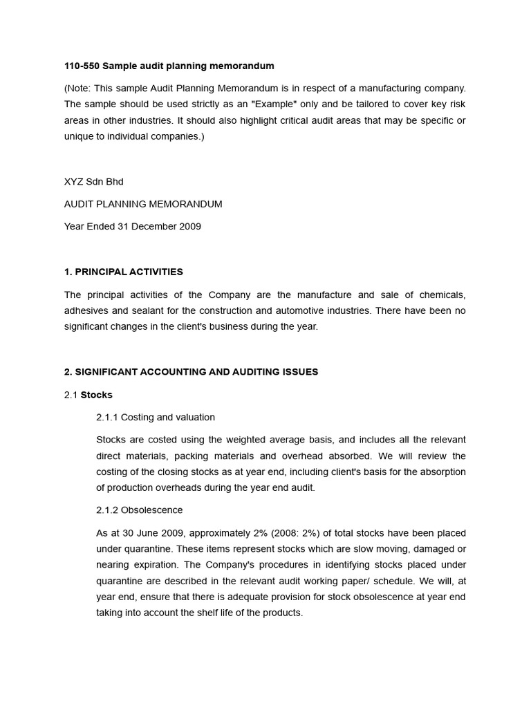Sample Audit Planning Memorandum | PDF | Expense | Business