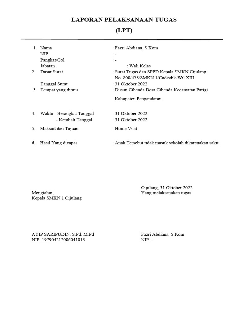 Laporan Pelaksanaan Tugas (LPT) | PDF