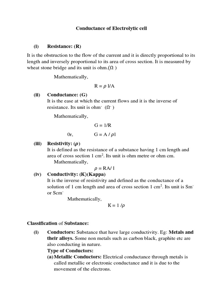 Conductance in Electrolytic Cells Explained | PDF | Electrical ...