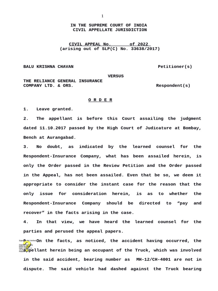 Balu Krishna Chavan Vs Reliance Gen Ins | PDF | Appeal | Judgment (Law)