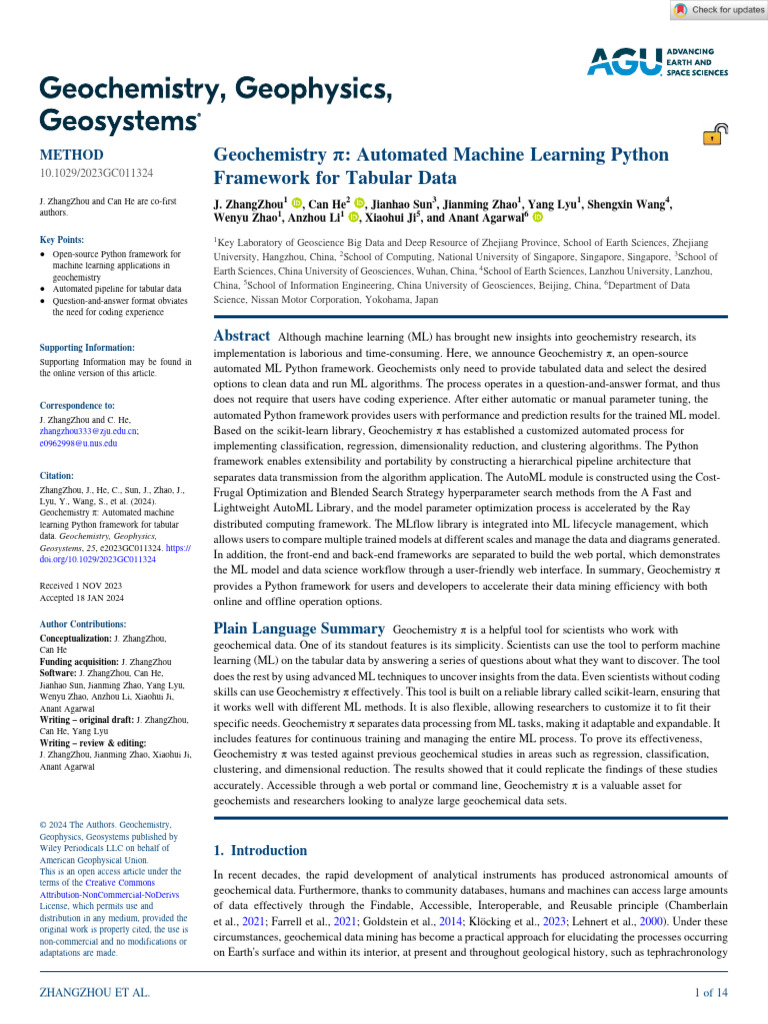 Geochem Geophys Geosyst - 2024 - ZhangZhou - Geochemistry Automated Machine Learning Python ...