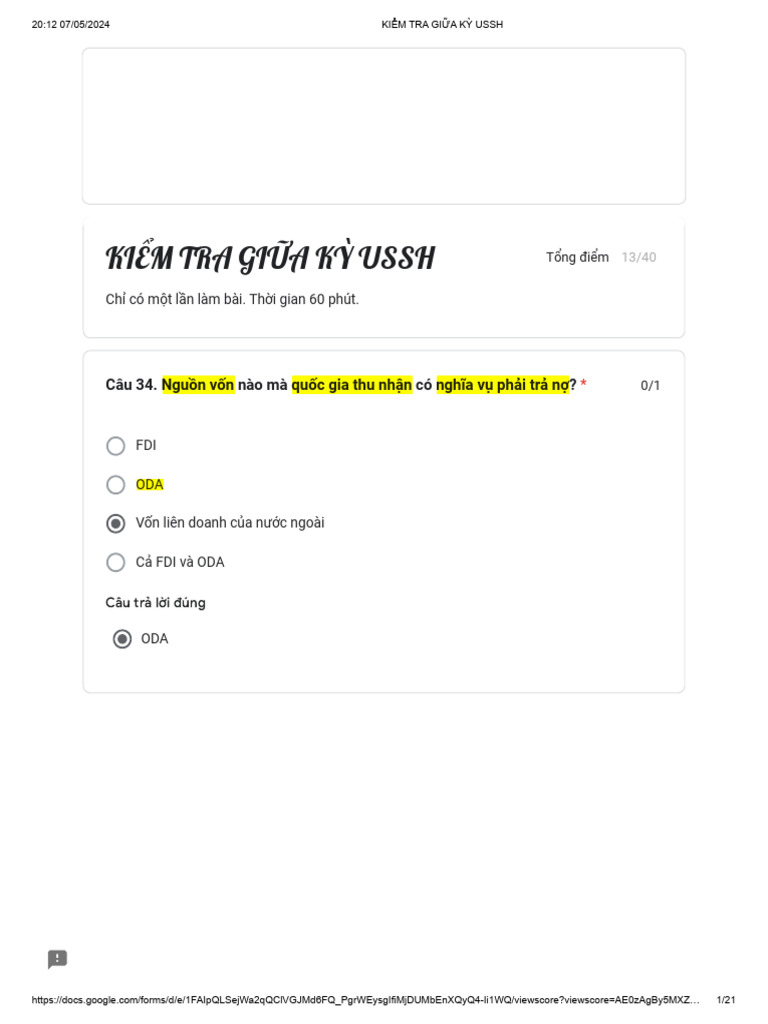 KIỂM TRA GIỮA KỲ USSH đáp án | PDF