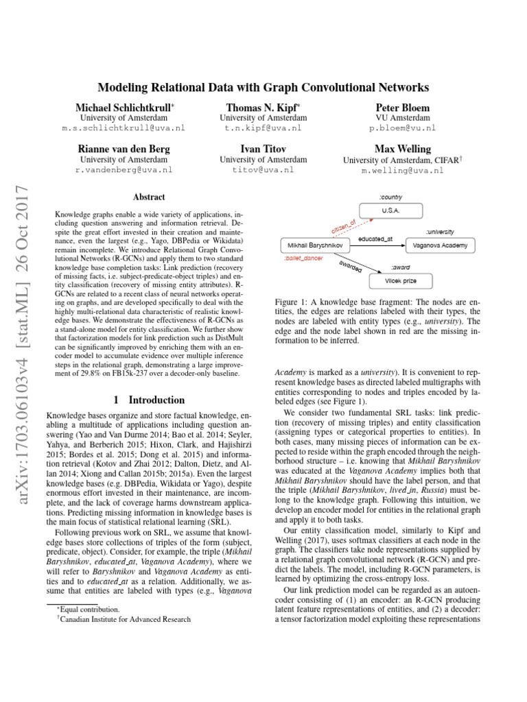 1 Modeling Relational Data With Graph Convolutional Networks Pdf Artificial Neural Network