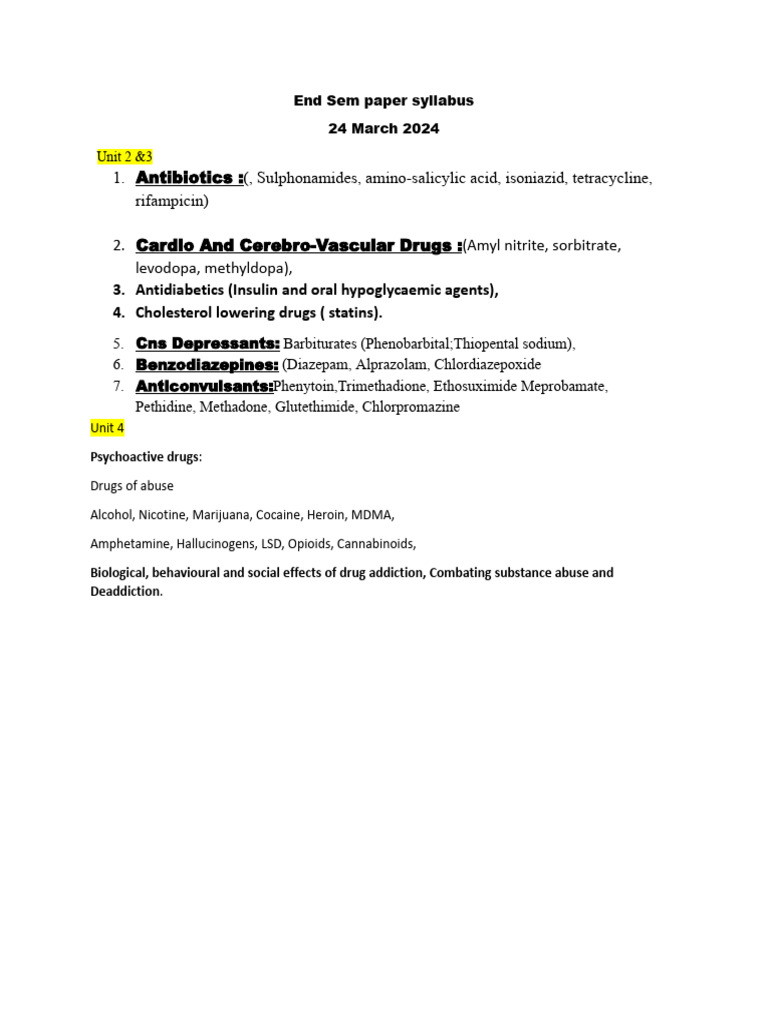 Pharmacy Exam: Drug Syllabus | PDF